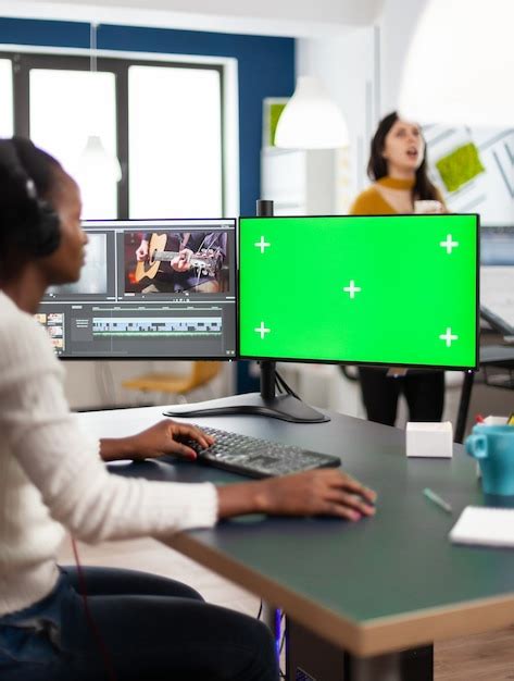 Premium Photo Black Videographer Using Computer With Chroma Key Mock Up Isolated Display