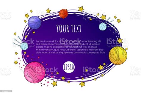 행성 달 위성 우주선과 별의 손으로 그림 그리기 벡터 템플릿 레이아웃 코스모스의 낙서 일러스트가 있는 배너 만화 스타일의 공간 요소와 프레임 장식 0명에 대한 스톡 벡터