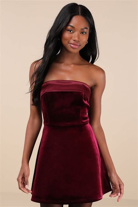 Burgundy Skater Dress Velvet Satin Dress Strapless Mini Dress Lulus