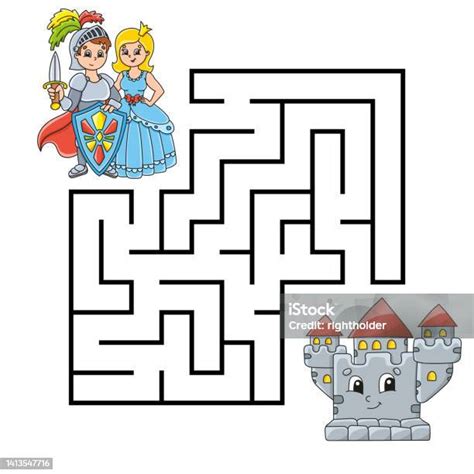 사각형 미로 아이들을위한 게임 아이들을위한 퍼즐 미로 수수께끼 동화 테마 컬러 벡터 일러스트레이션 격리된 벡터 일러스트레이션 만화 캐릭터 공주에 대한 스톡 벡터 아트 및