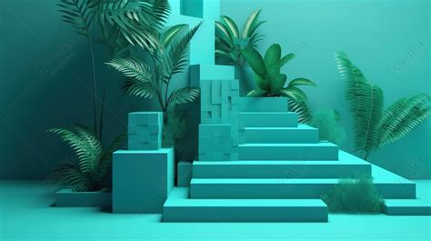 놀라운 청록색 배경 무성한 녹지를 사용한 현대적인 스텝 플랫폼 기하학 개념의 3d 렌더링 현대적 배경 청록색 배경 놀라 배경 이미지 Hd 현대적 청록색 놀라