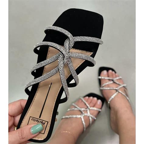 Rasteira sandália chinelo feminina strass brilho metalizado