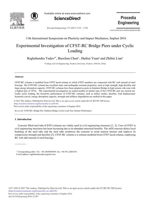 Pdf Experimental Investigation Of Cfst Rc Bridge Piers Under Cyclic Loading