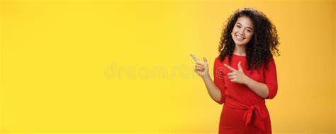 Friendly Cute Assertive Female Assistant In Elegant Red Dress With