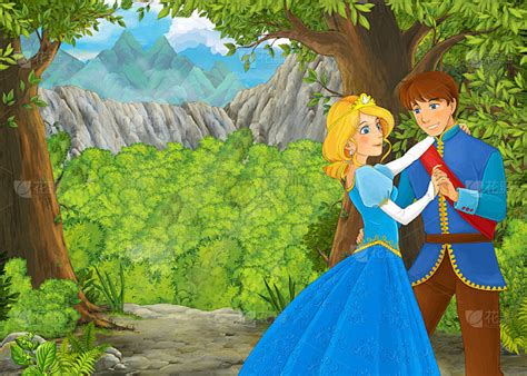 卡通自然景观与美丽的城堡与王子和公主插图