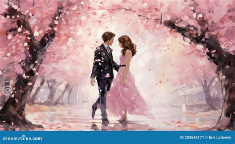 Couple In Love Under Cherry Trees People Photography Stock