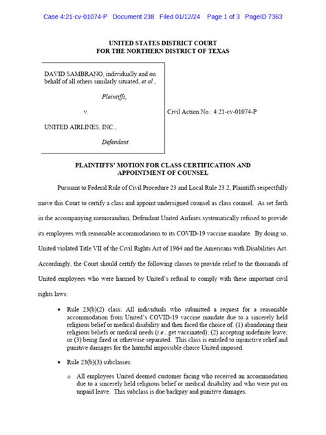 Sambrano V United Airlines 238 Motion To Certify Class Action Download Free Pdf Class Action