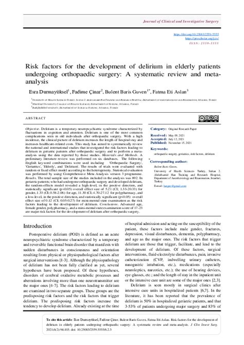 Pdf Risk Factors For The Development Of Delirium In Elderly Patients Undergoing Orthopaedic