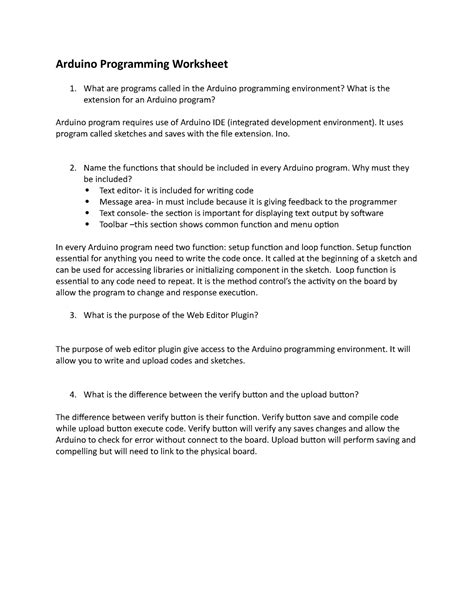 Week 5 Lab Arduino Programming Worksheet Arduino Programming