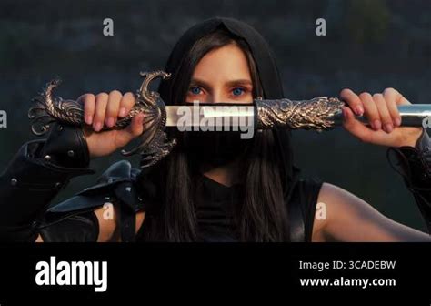 Close Up Portrait Fantasy Woman Warrior Assassin Holding Dagger In