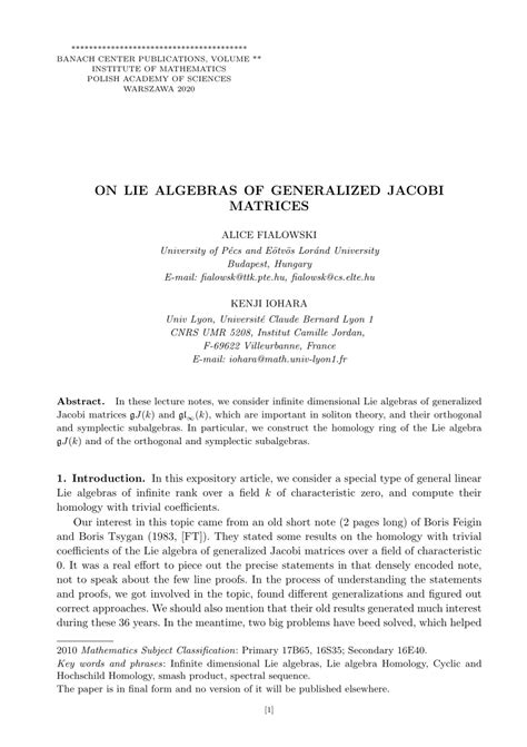 Pdf On Lie Algebras Of Generalized Jacobi Matrices
