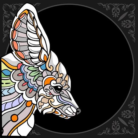 검은 배경에 고립 된 다채로운 Fennec 여우 만다라 예술 프리미엄 벡터