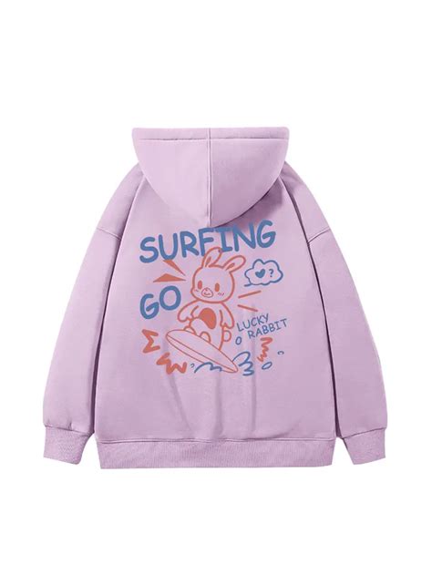 Surfing Cute Rabbit Print Hoodie Long Sleeve Casual Sweatshirt For