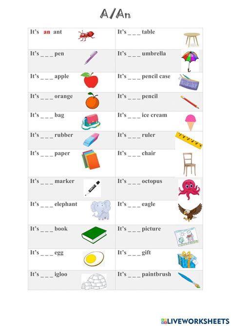 Dạng Bài Tập A An Worksheet Grammar Online School Subjects Handouts