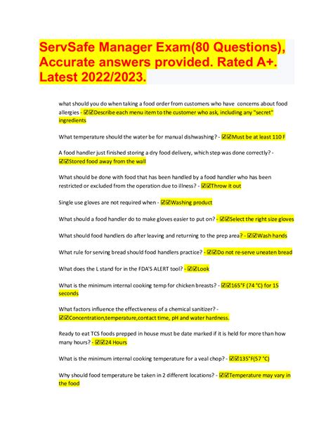 ServSafe Manager Exam 80 Questions Accurate Answers Provided Rated