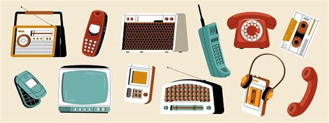 레트로 가제트 빈티지 90 년대 힙 스터 기술 스티커 만화 오래 된 아날로그 가제트 컬렉션 전자 장치 및 게임기 벡터 다채로운 가제트 세트 1990 1999 년에 대한 스톡