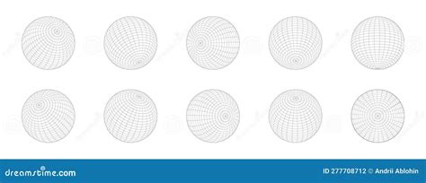 Set Of 3d Sphere Wireframe Icons In Different Positions Orb Models Spherical Shapes Grid
