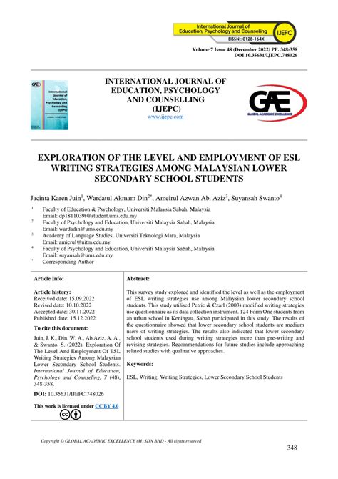 Pdf Exploration Of The Level And Employment Of Esl Writing Strategies Among Malaysian Lower