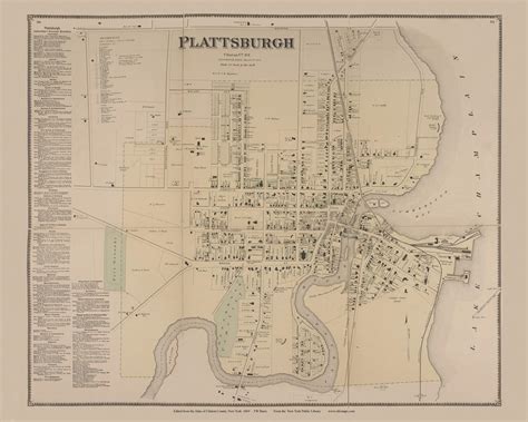 Plattsburgh Village New York 1869 Old Town Map Reprint Clinton Co