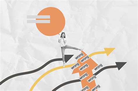 크리 에이 티브 트렌드 삽화 디자인 3d 콜라주 스케치 시간 고용 화살표 보여 잘못된 방향 포인트 젊은 여자 충격에 찬 스탠드 연설 구름 이야기 20 24세에 대한 스톡