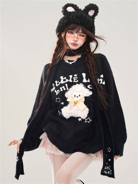 Redblack Cute Lamb Appliques Loose Sweater With Free Scarf