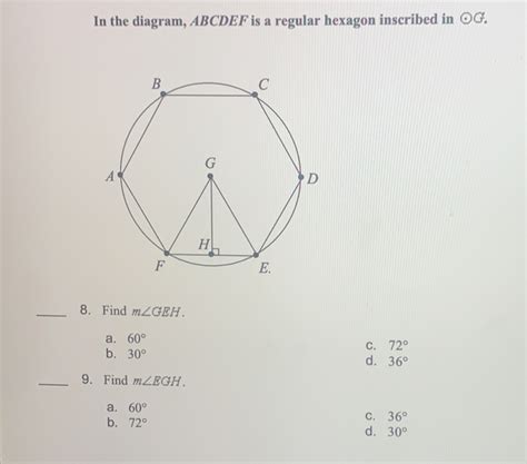 Solved In The Diagram Abcdef Is A Regular Hexagon Inscribed In Odot G