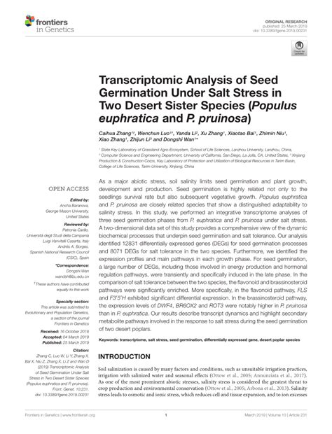Pdf Transcriptomic Analysis Of Seed Germination Under Salt Stress In Two Desert Sister Species