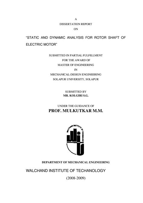 Static And Dynamic Analysis For Rotor S A DISSERTATION REPORT ON