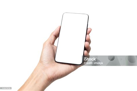클리핑 경로와 흰색 배경에 격리 된 빈 화면으로 모바일 스마트 폰을 들고 있는 손 개념에 대한 스톡 사진 및 기타 이미지
