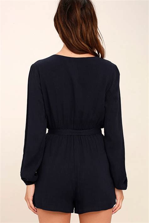 Sexy Navy Blue Romper Plunge Romper Long Sleeve Romper 4900