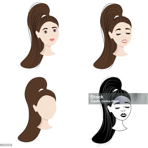 추상적 인 여성 초상화 세트 젊은 여성의 얼굴 정면 긴 갈색 머리 헤어 스타일 행복한 미소 개요 장식 및 디자인 웹 페이지 엽서 배너 스톡 벡터 일러스트레이션 개념에 대한