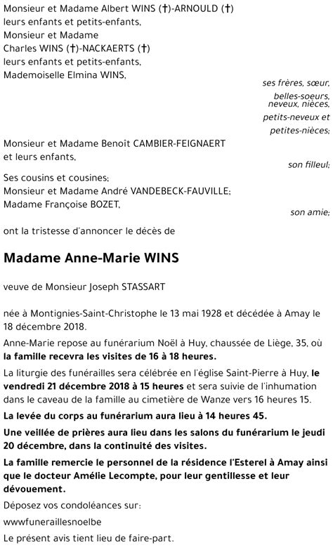 Avis De Décès De Anne Marie Wins Décédé Le 18122018 à Amay Annonce