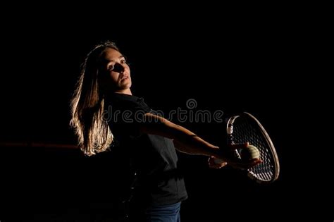 View On Female Player Holding In Hand Tennis Ball And Getting Ready To