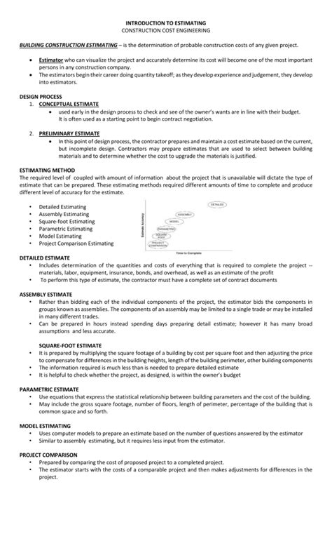 Construction Cost Estimating Intro And Methods