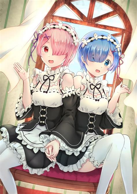 Twins Maid Rem Maid Outfit Pink Hair Holding Hands Re Zero Kara Hajimeru Isekai Seikatsu
