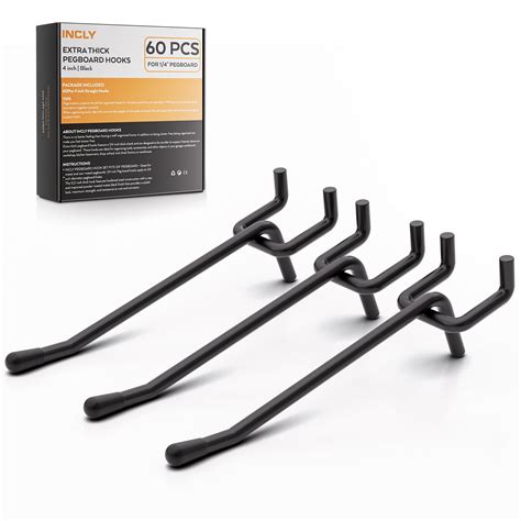Incly 60 Pack 4 Inch Black Pegboard Hooks 1 4 Heavy Duty Peg Board Shelving Hooks Accessories
