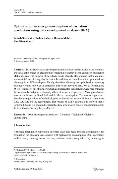 Pdf Optimization In Energy Consumption Of Carnation Production Using