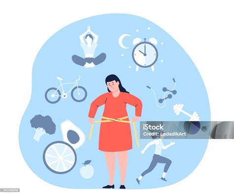 체중 감량 건강한 식단과 스포츠 훈련 다이어트에 대해 생각하는 뚱뚱한 여자 허리 측정 당뇨병 원인 및 예방 다양한 라이프 스타일 최근 벡터 장면 당뇨병에 대한 스톡 벡터