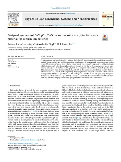 Designed Synthesis Of Cuco2o4 Cuo Nano Composite As A Potential Anode Material For Lithium Ion