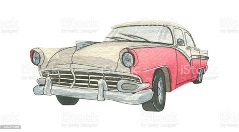 복고풍 자동차 분홍색의 흰색 수채화 그림 큰 Cuba 집합에서 격리된 개체입니다 기념품 포스터 엽서 관광 광고의 장식 디자인 및 작곡 복고풍에 대한 스톡 벡터 아트 및 기타