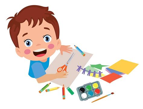 Niños Cortando Papel De Colores Con Tijeras Y Pintando 18804570 Vector