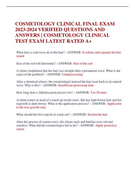COSMETOLOGY CLINICAL FINAL EXAM VERIFIED QUESTIONS AND ANSWERS COSMETOLOGY CLINICAL TEST EXAM