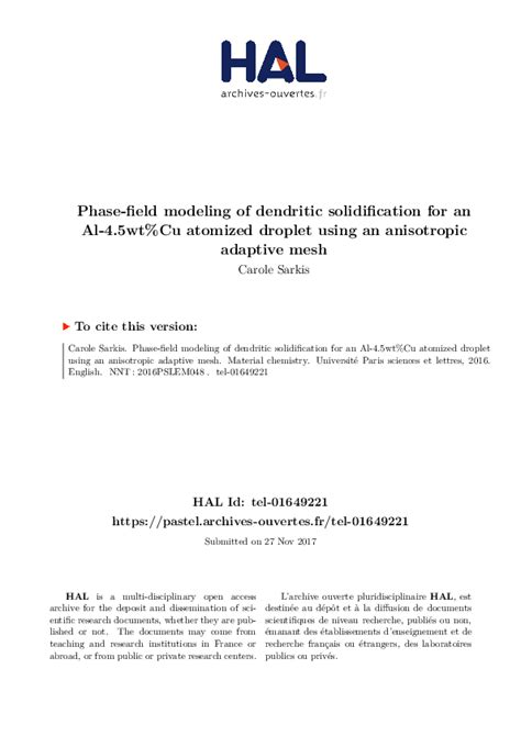 Pdf Phase Field Modeling Of Dendritic Solidification For An Al 45wtcu Atomized Droplet Using