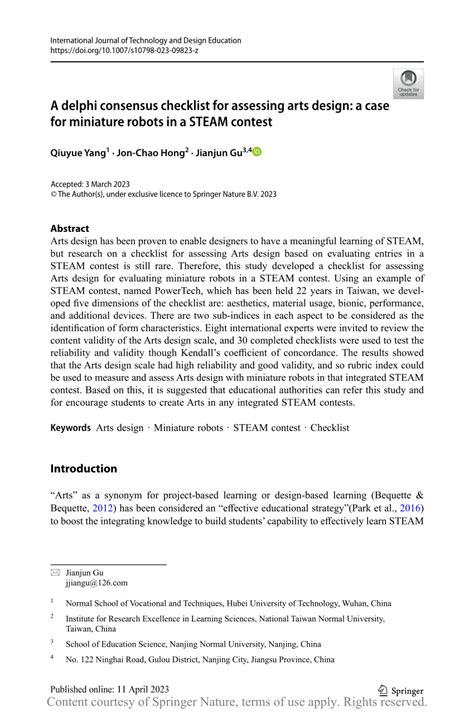 A Delphi Consensus Checklist For Assessing Arts Design A Case For Miniature Robots In A Steam