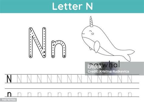 알파벳 Abc Az 운동 색칠하기 페이지 추적 문자 N 색칠하기 책에 대한 어휘 귀여운 만화 일각고래 어린이를 위한 인쇄 가능한