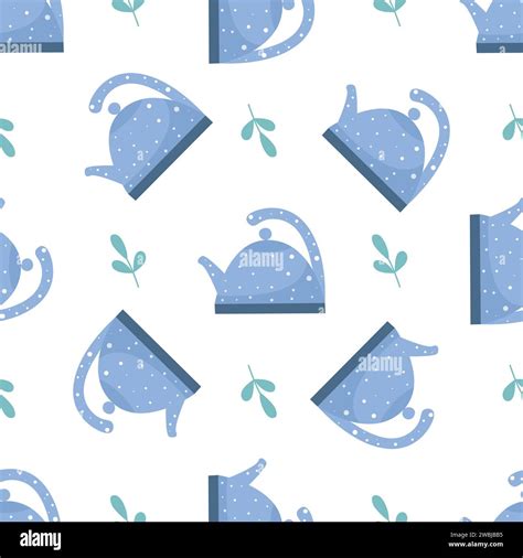 Teapot And Tea Leaves Background Seamless Pattern With Foliage And