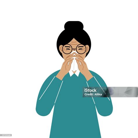 한 여성이 손수건으로 코를 덮습니다 아픈 사람의 개념 재채기 계절 알레르기 나쁜 냄새 두통에 대한 스톡 벡터 아트 및 기타