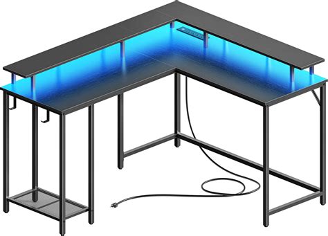 Buy Superjare L Shaped Gaming Desk With Power Outlets And Led Lights Computer Desk With Monitor
