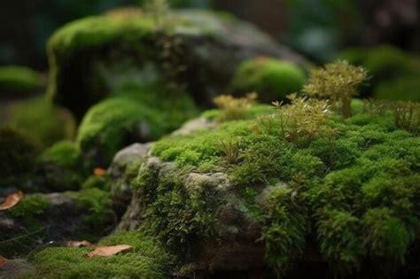 Premium Photo Beautiful Green Moss Grow Up On Rough Stone And Green