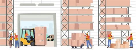 산업용 창고 물류 및 머천다이징 개념 작업자 캐릭터가 지게차로 상자를 적재하고 적재 프리미엄 벡터